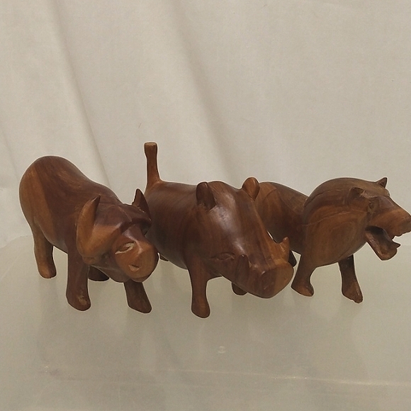 Art | Set Of 3 Carved Teak Wood Animal Sculptures Wild Boar Lion ...